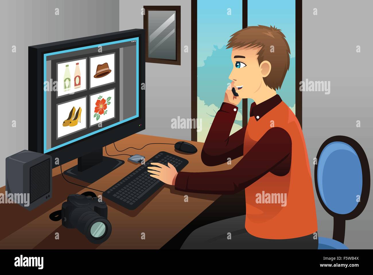 A vector illustration of -photographer working on editing pictures on ...