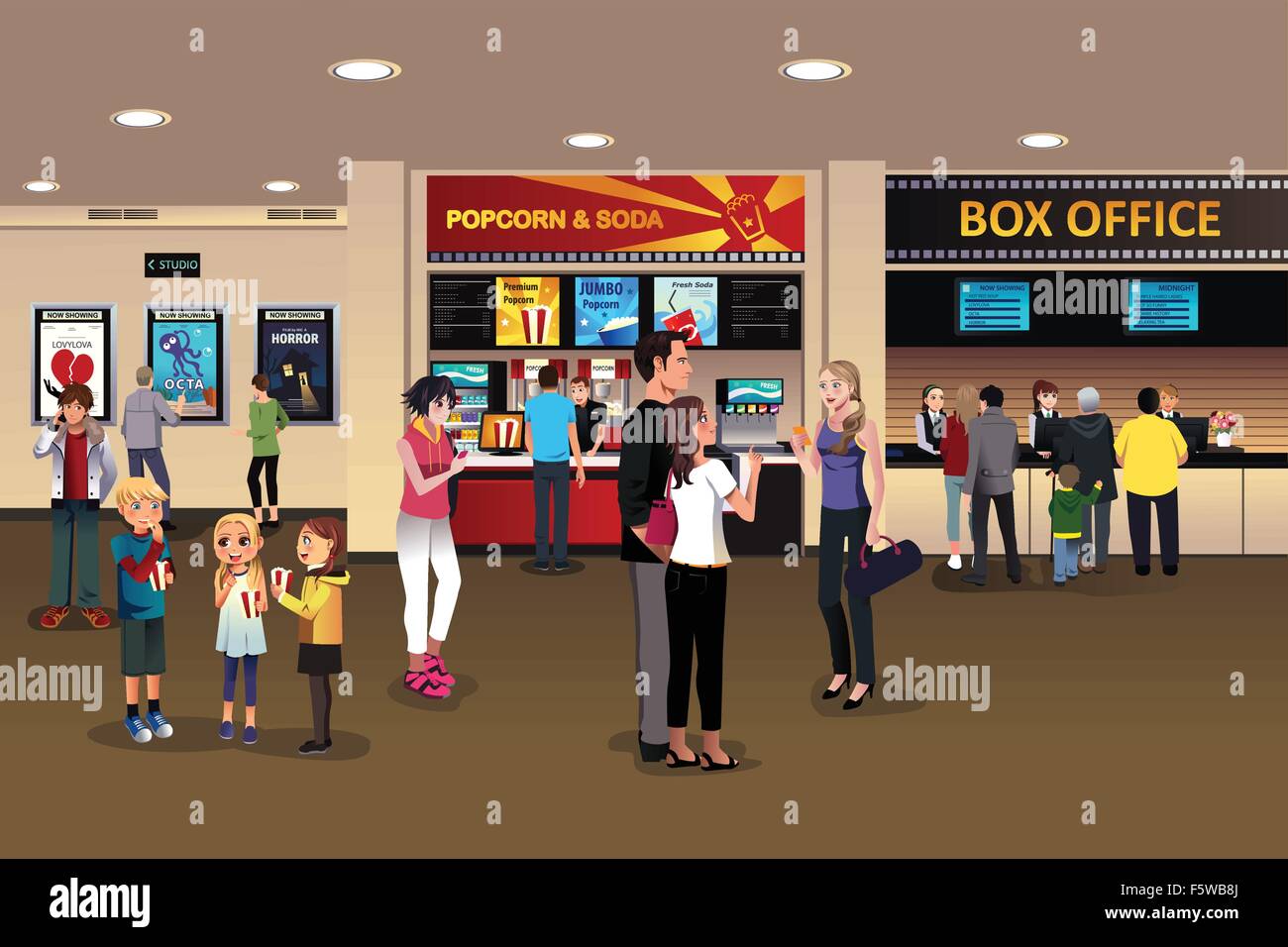 A vector illustration of scene in the movie theater lobby Stock Vector ...