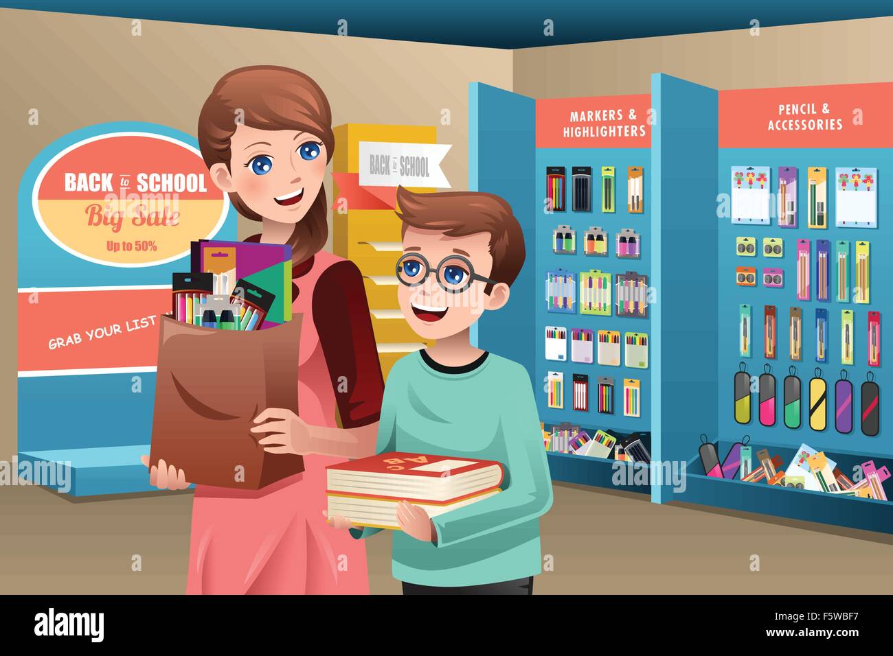 A vector illustration of a mother and son buying school supplies in a ...