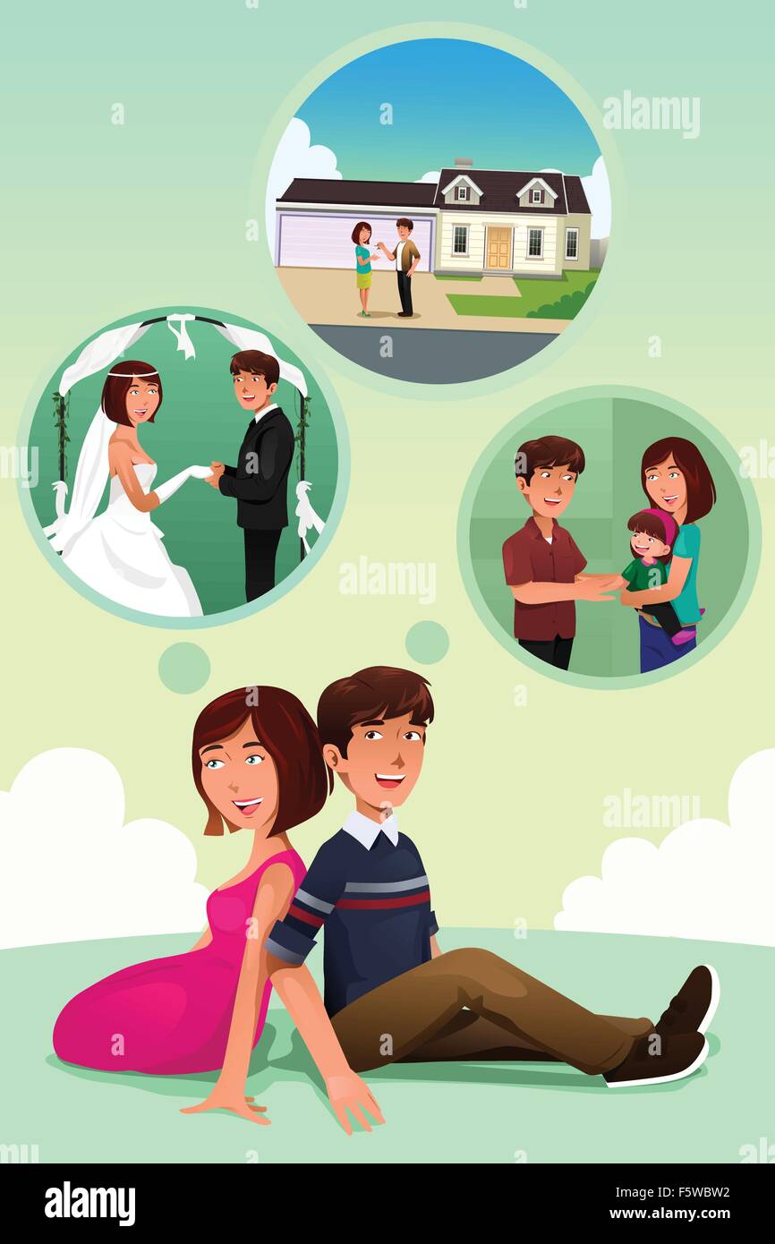 A vector illustration of young couple imagining their life together ...