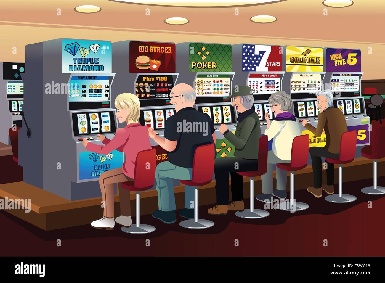 A vector illustration of senior people playing slot machines in the ...