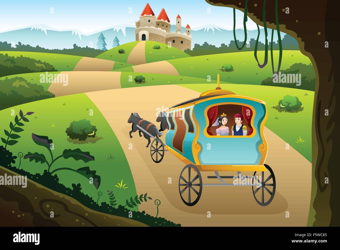 A vector illustration of prince and princess riding a wagon pulled by a ...
