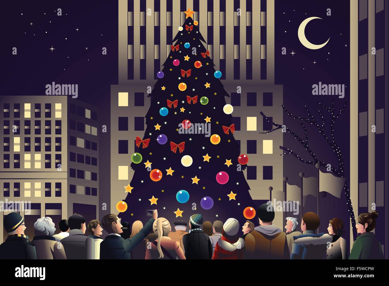 A vector illustration og crowd in the city near big lighted Christmas ...