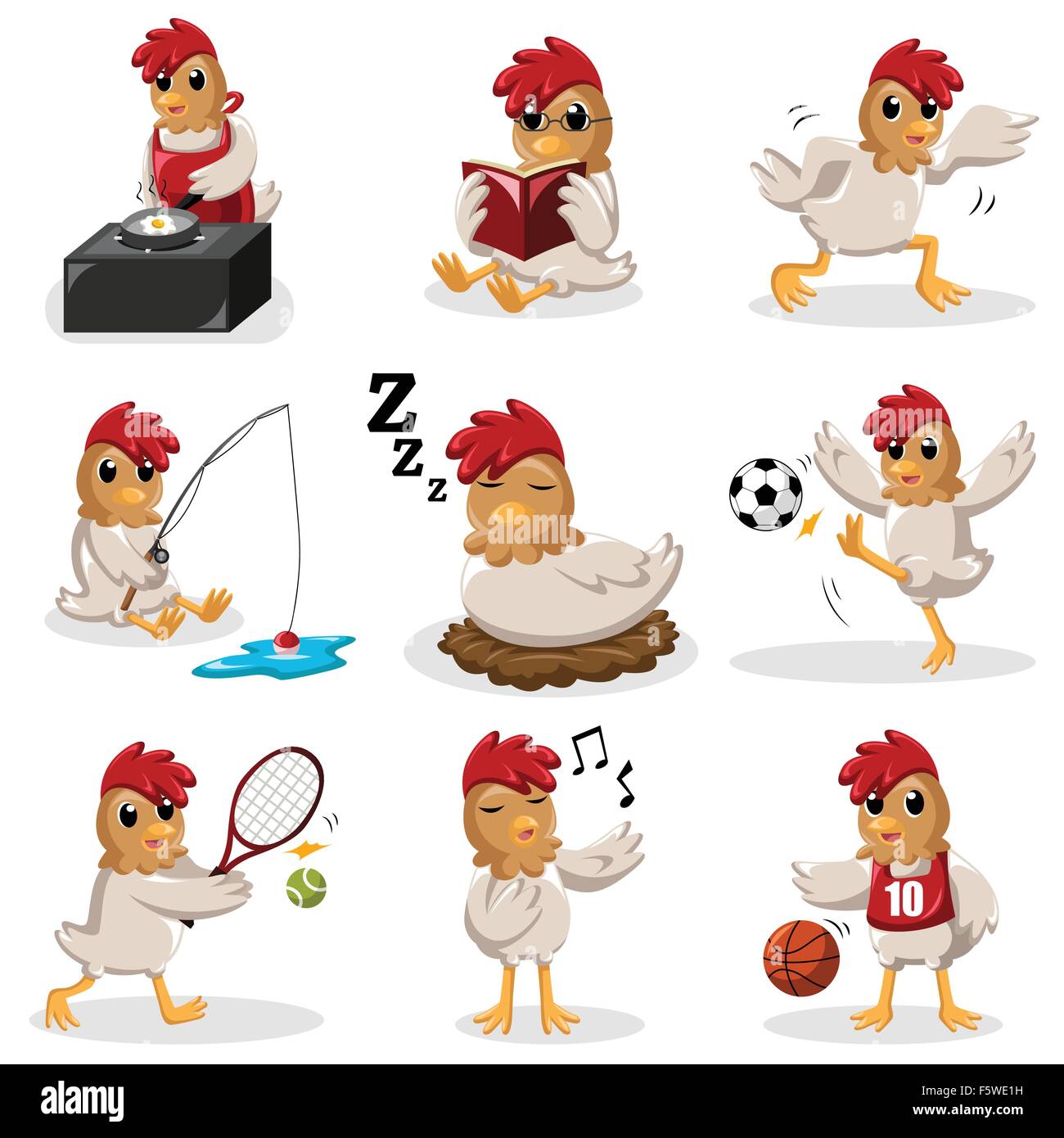 A vector illustration of chicken characters doing different activities ...