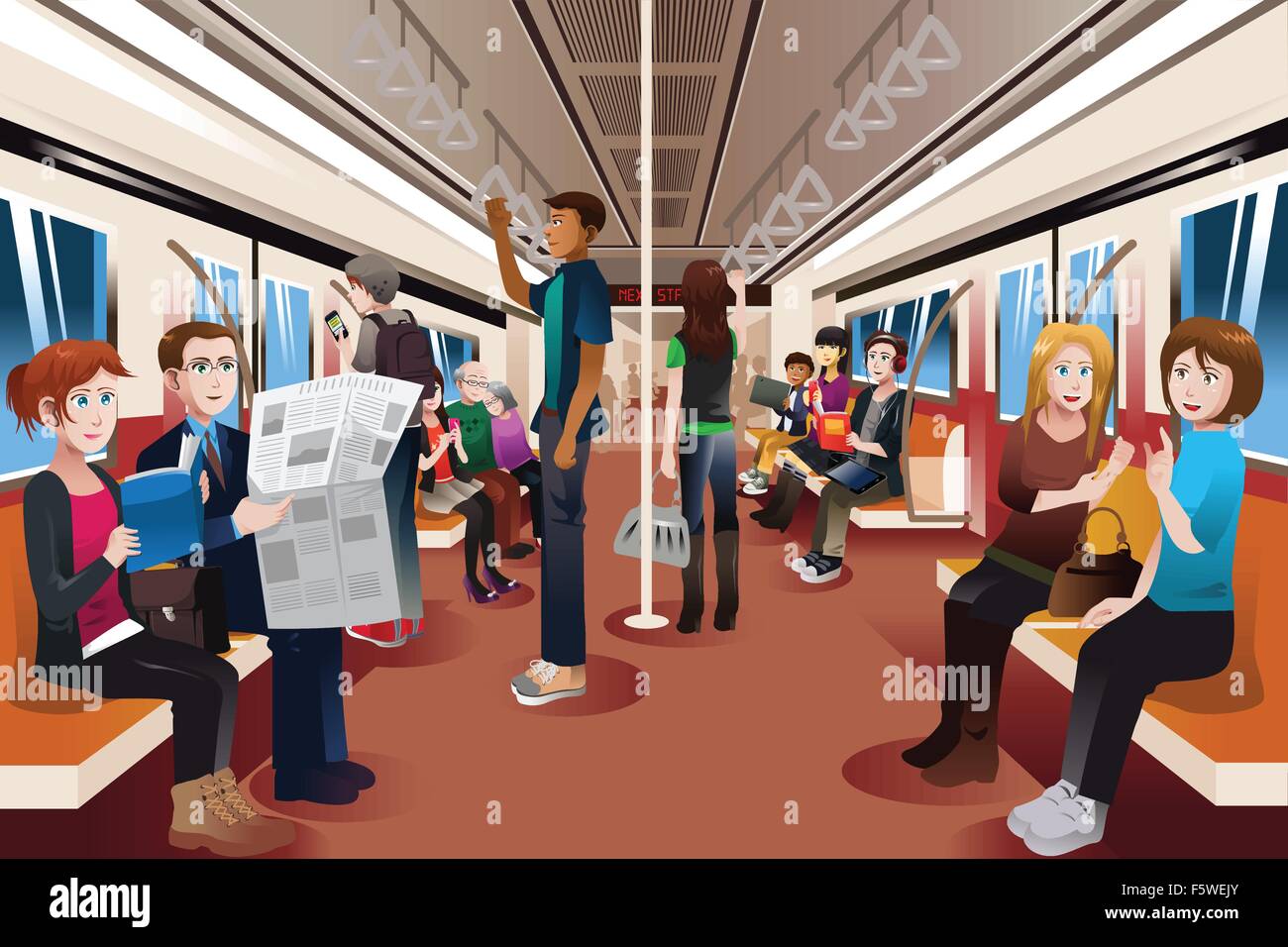 A vector illustration of different people inside crowded subway Stock ...