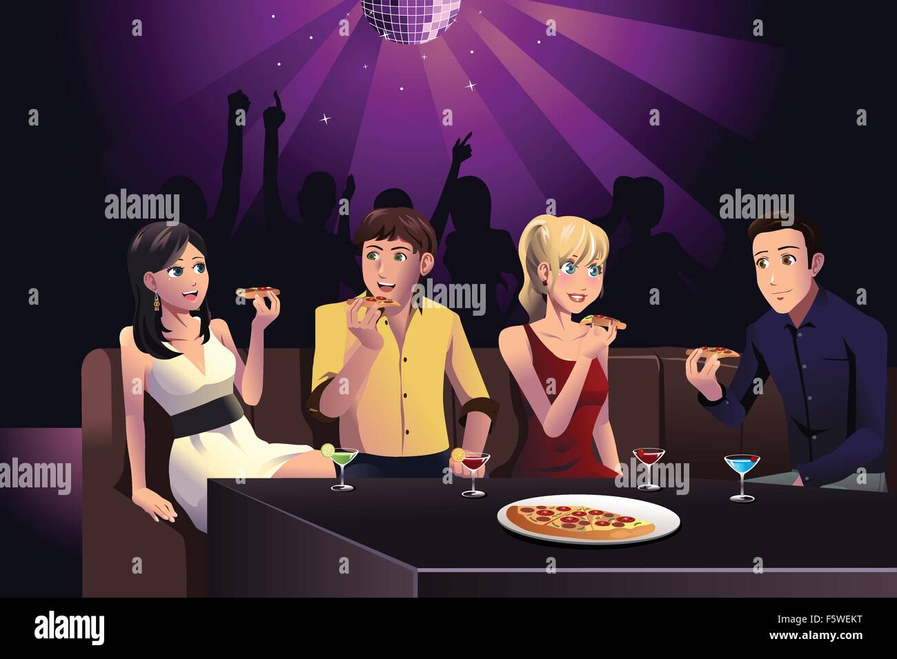 A vector illustration of young people eating pizza in a party at a club ...