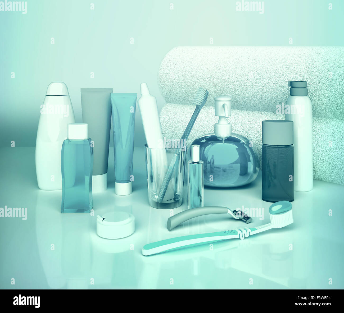 Set for morning hygiene. Toothpaste, brush, soap, balm, tooth thread ...