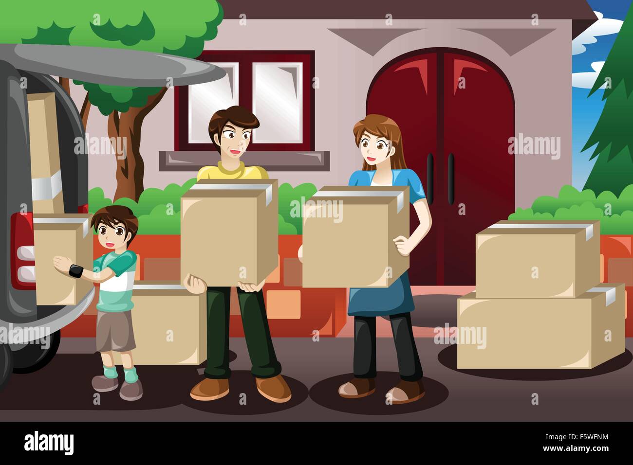 A vector illustration of happy family moving house and taking boxes ...