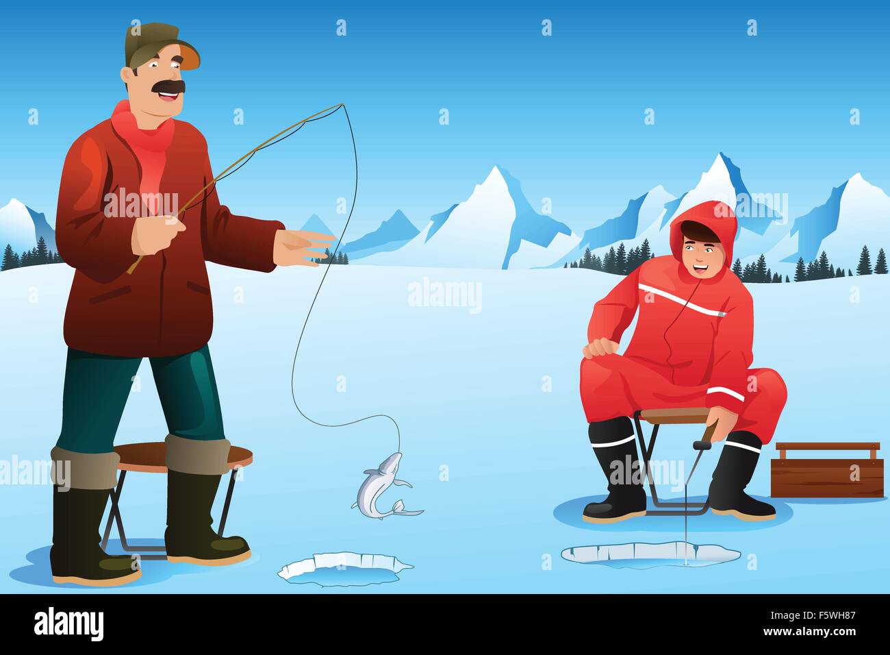 A vector illustration of happy men ice fishing on the lake Stock Vector ...