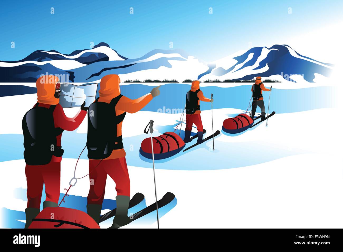 A vector illustration of men on an expedition to a mountain Stock ...