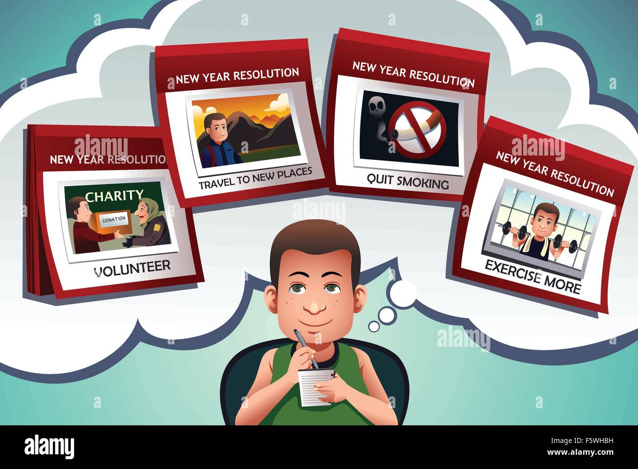 A vector illustration of man writing about his new year resolution ...