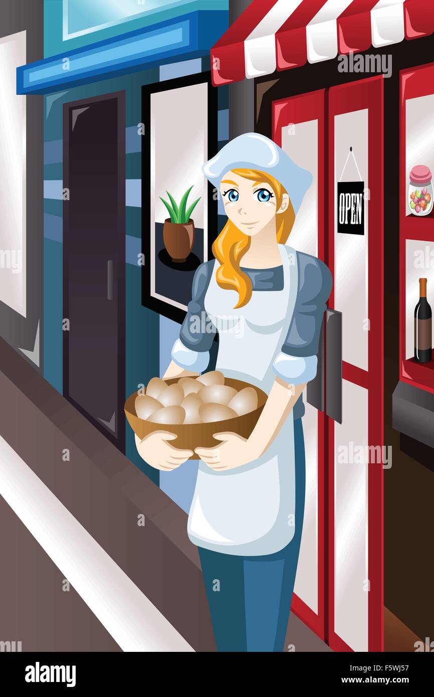 A vector illustrator of female store owner standing in front of her ...