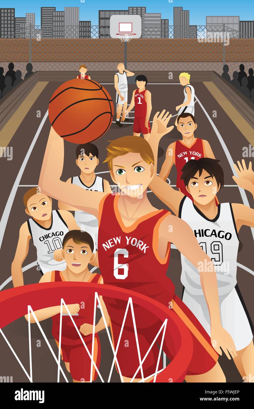 A vector illustration of young men playing basketball in the inner city ...