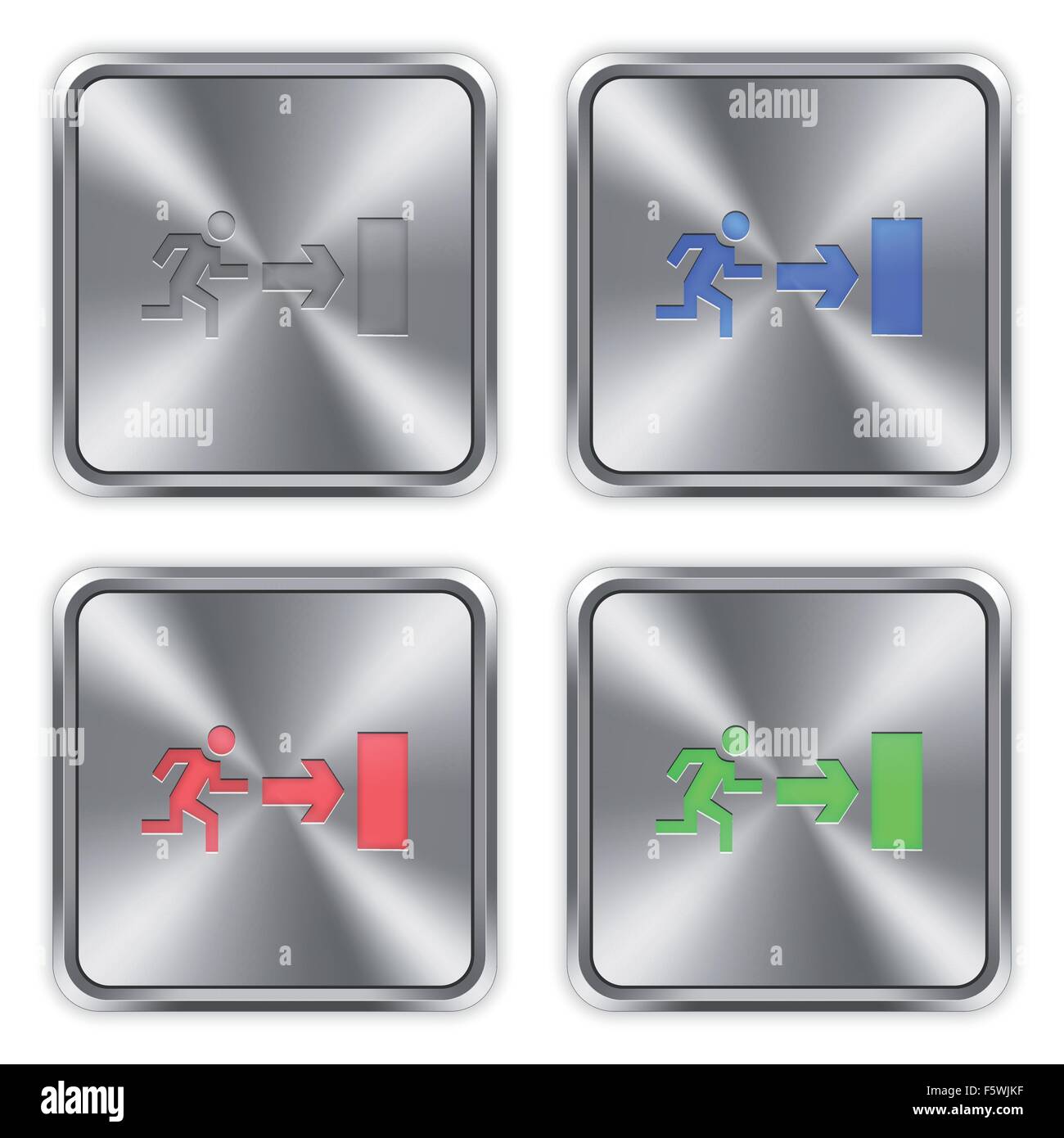 Color exit icons engraved in glossy steel push buttons. Well organized ...