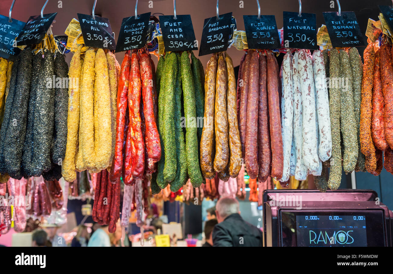 fuet - Catalan dry sausages at famous la Boqueria public market in ...