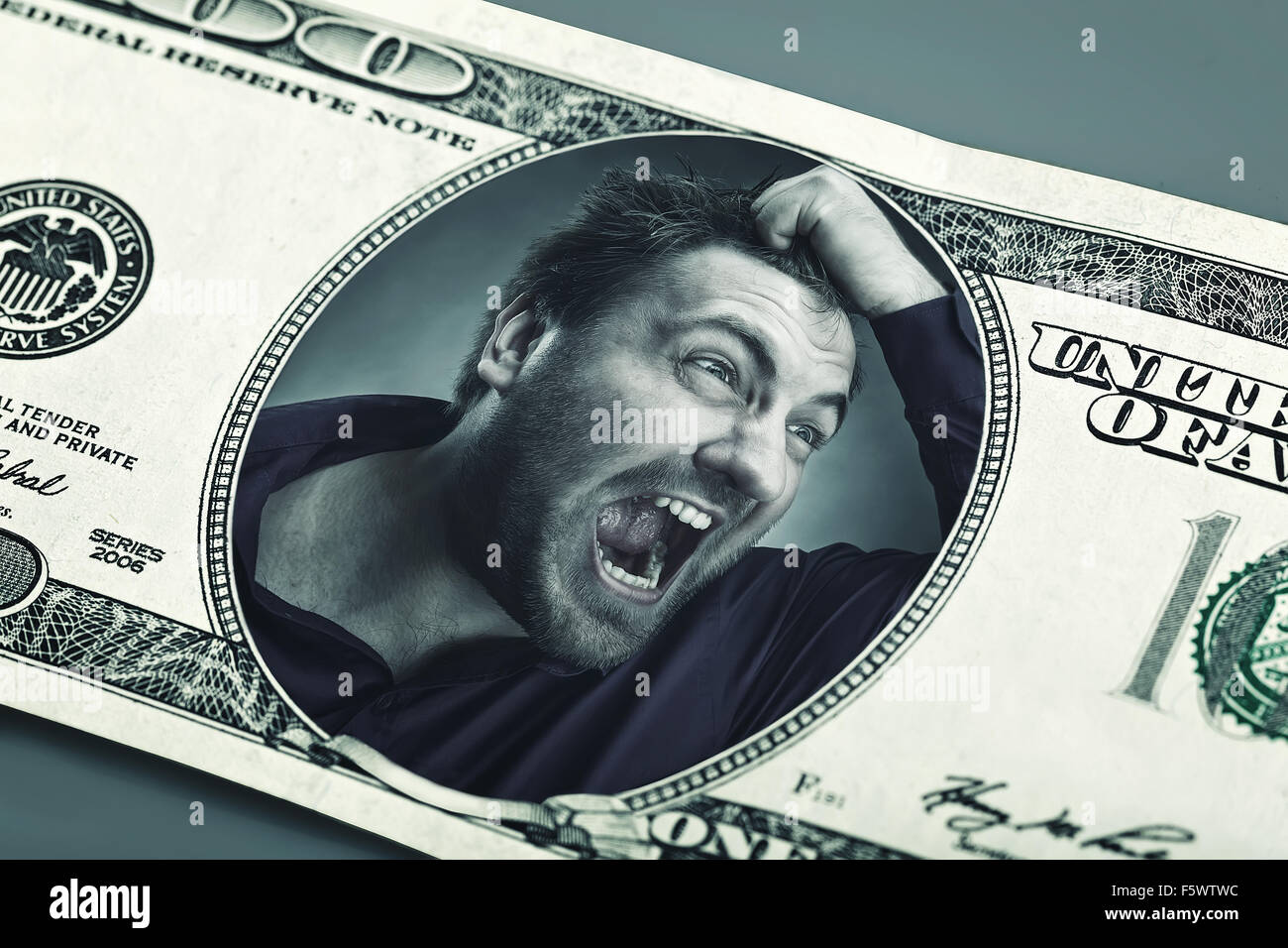 Frustrated angry man on the dollar banknote crying Stock Photo - Alamy