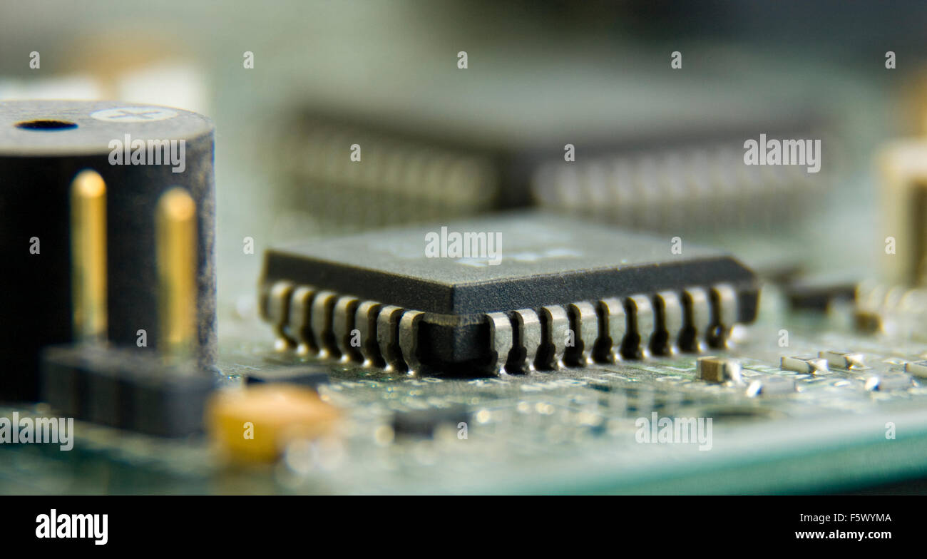 View on computer motherboard parts with chip in the center Stock Photo ...