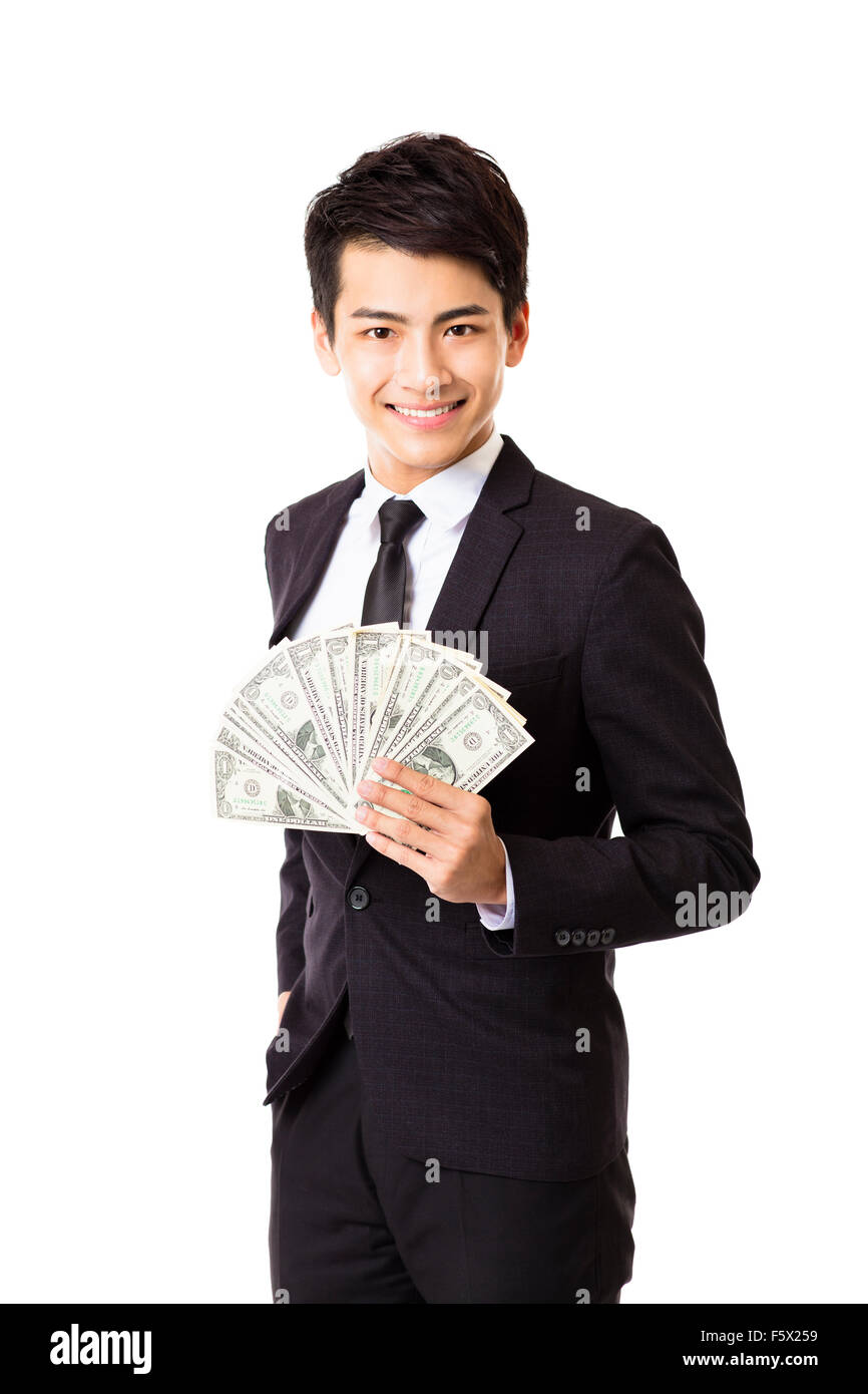 happy young business man holding money Stock Photo - Alamy