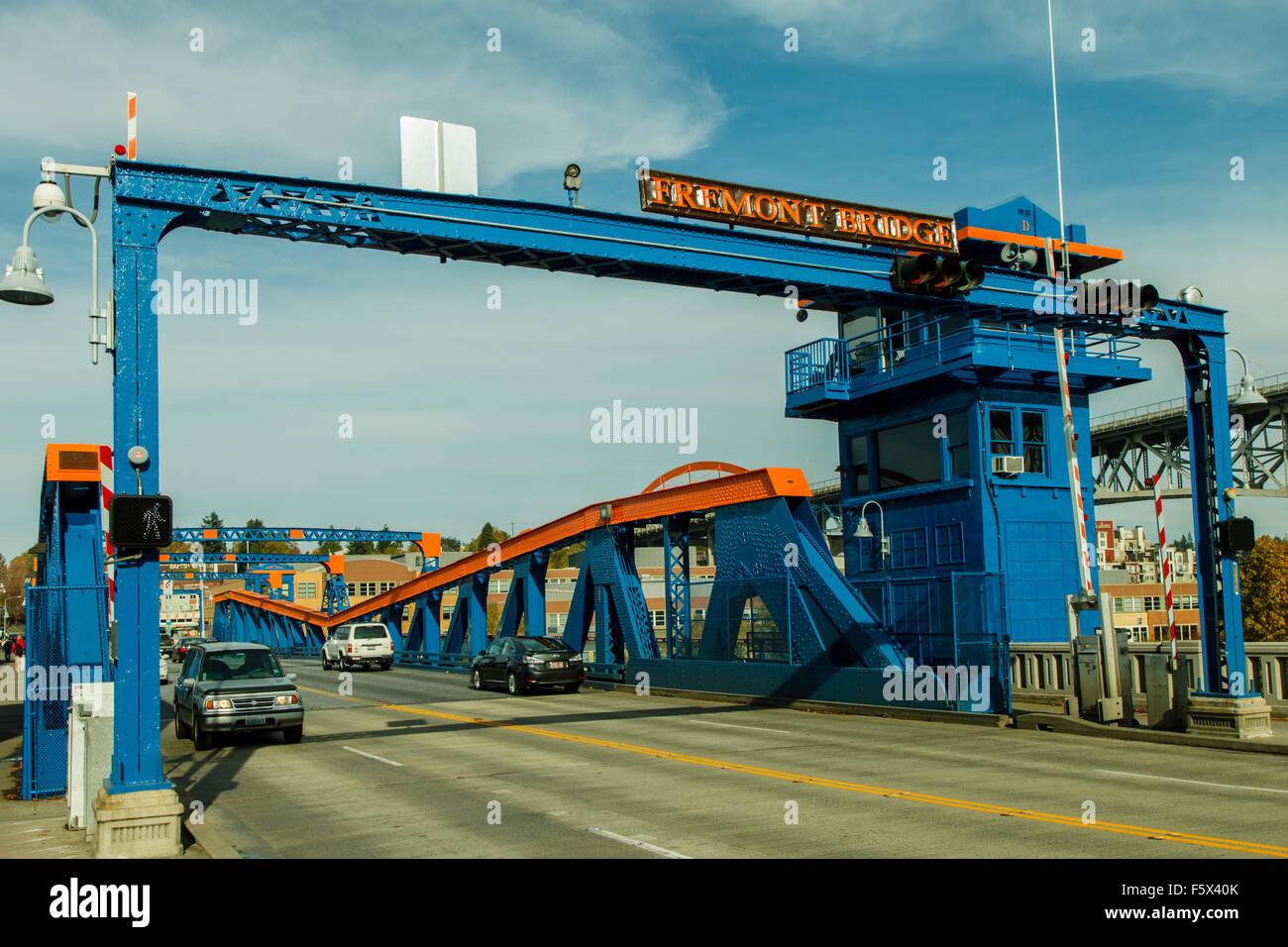 The Fremont Bridge spans the Fremont Cut in Seattle, Washington USA ...