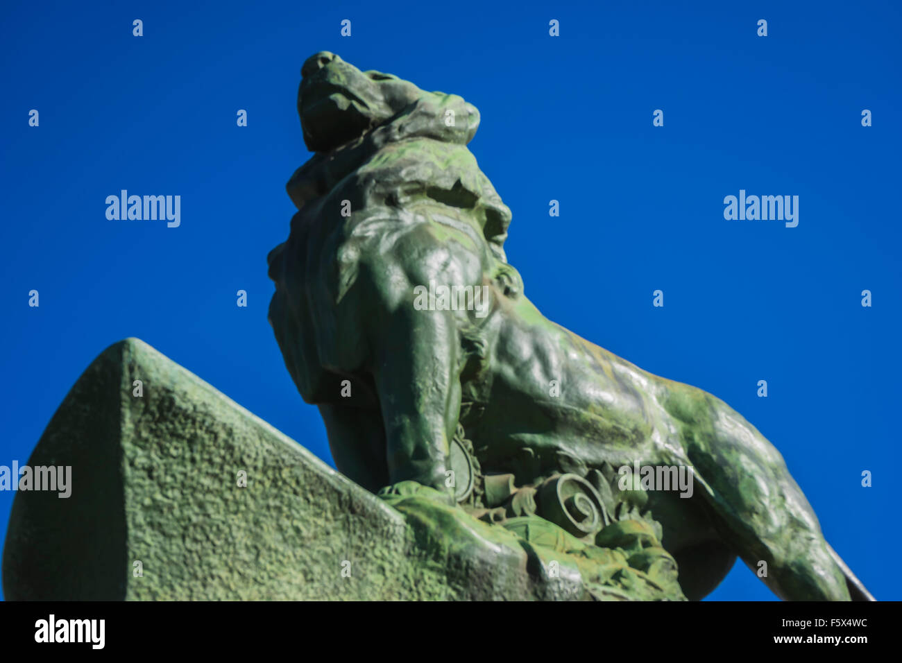 Lion, classical bronze sculptures, Lake in Retiro park, Madrid Spain ...
