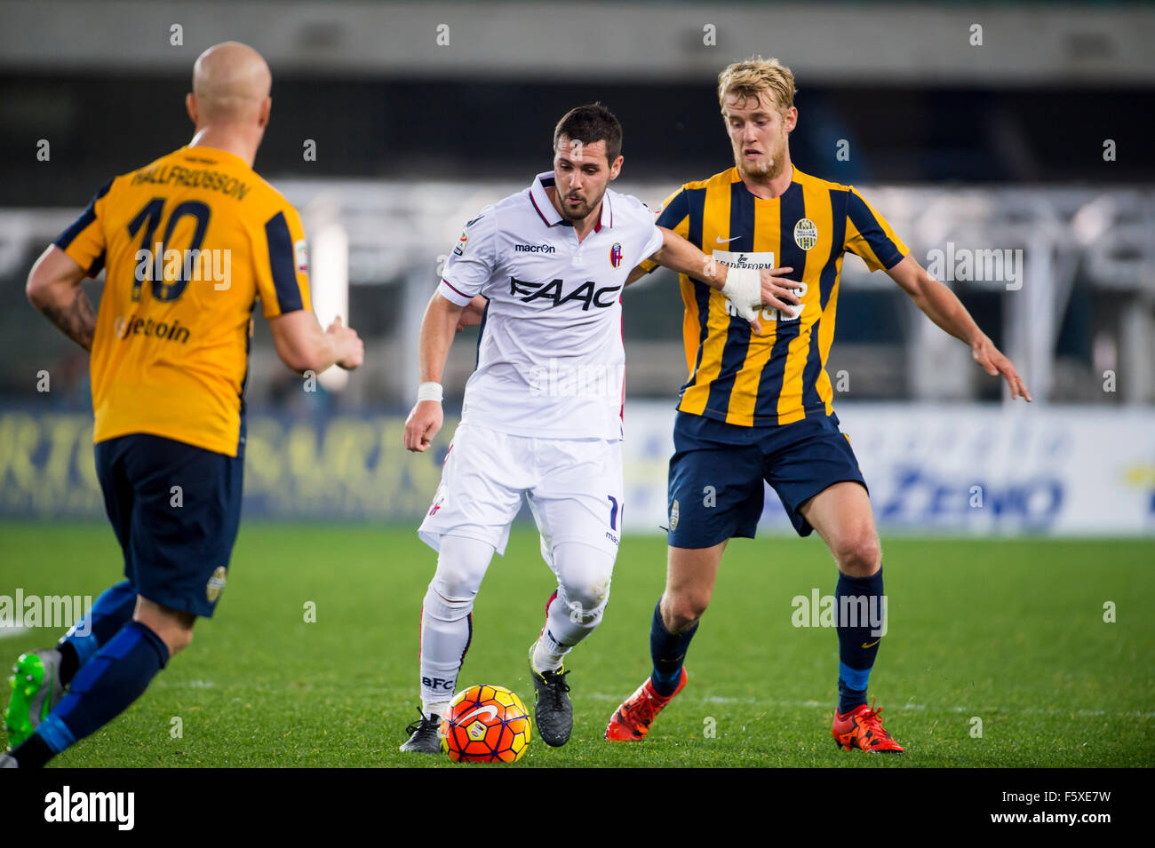 Verona, Italy. 7th Nov, 2015. Mattia Destro (Bologna), Filip Helander ...