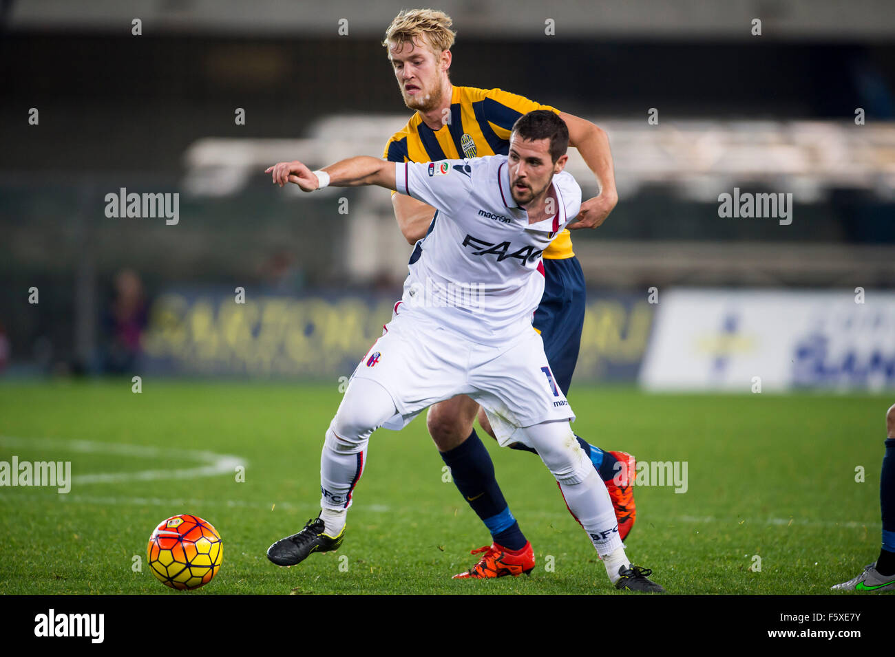 Verona, Italy. 7th Nov, 2015. Mattia Destro (Bologna), Filip Helander ...