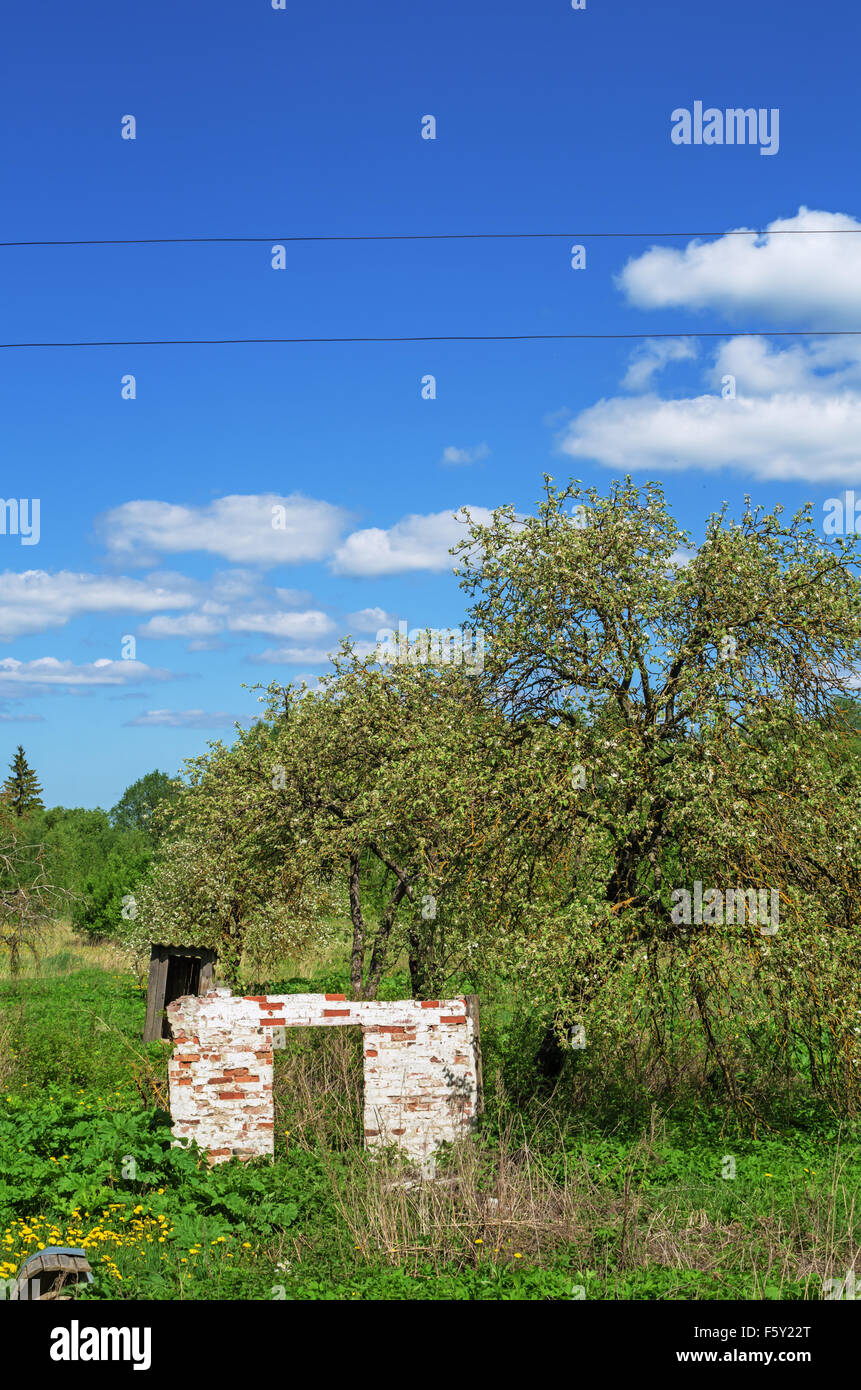 The ruined brick rural small house Stock Photo - Alamy