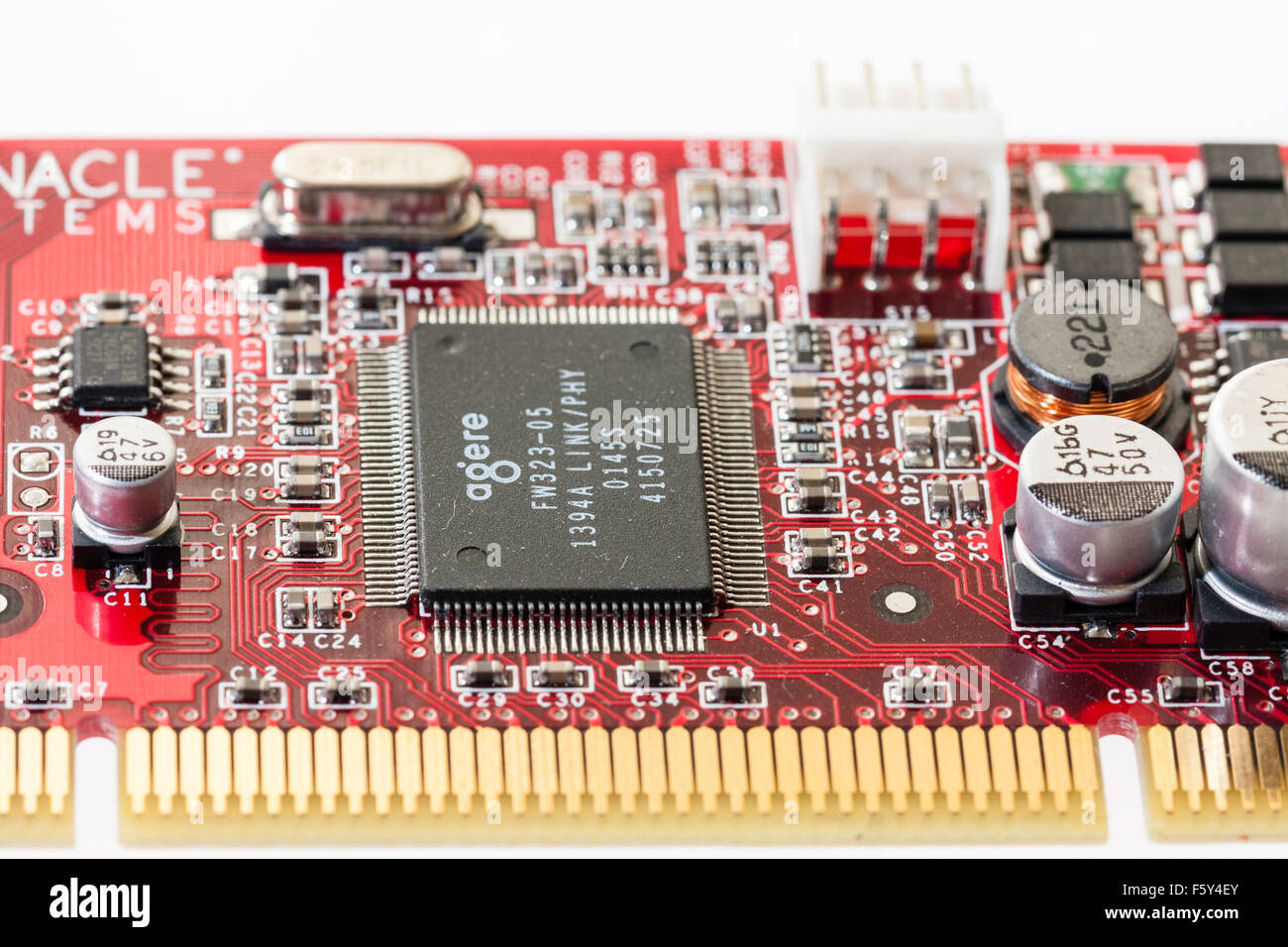Computer Printed circuit card PCI. Red board with various circuits and ...