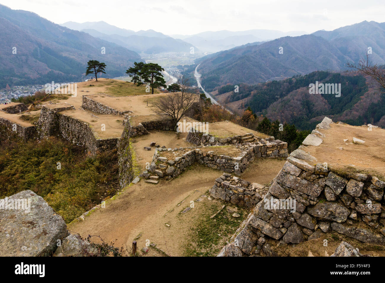 Japan, Takeda mountain top castle. Foundations and walls of the ruined ...