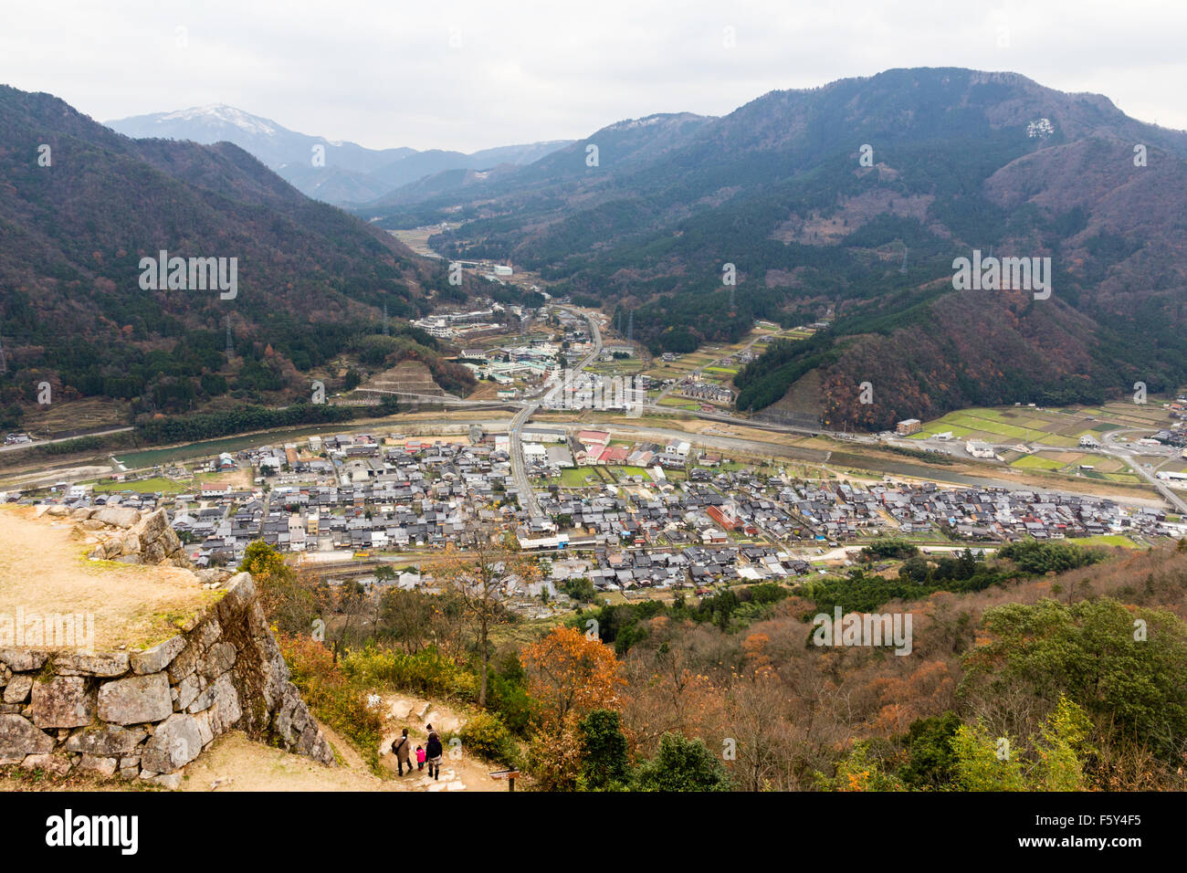 The ruins of the Otemon main gateway of hilltop Takeda castle ...