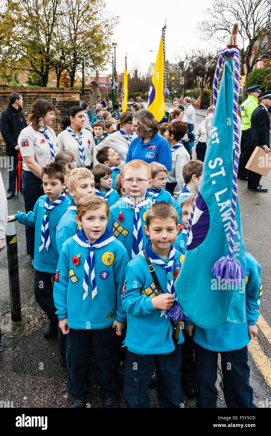 England, Ramsgate. Remembrance Day. Group of very young boy cubs in ...