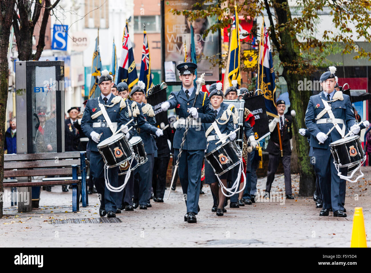 England. Remembrance Day. Drum Major leading performing Air Force band ...