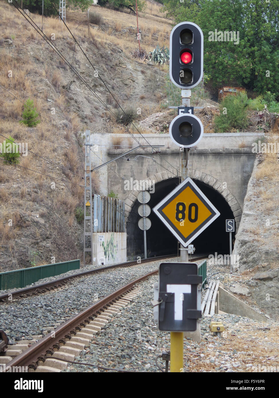 Signal lights, speed restriction and distance marker at railway tunnel ...