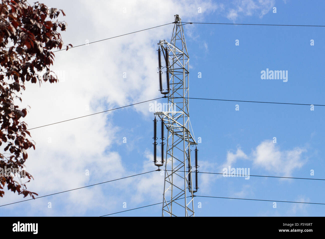 High voltage electric pole with wires, line of electricity ...