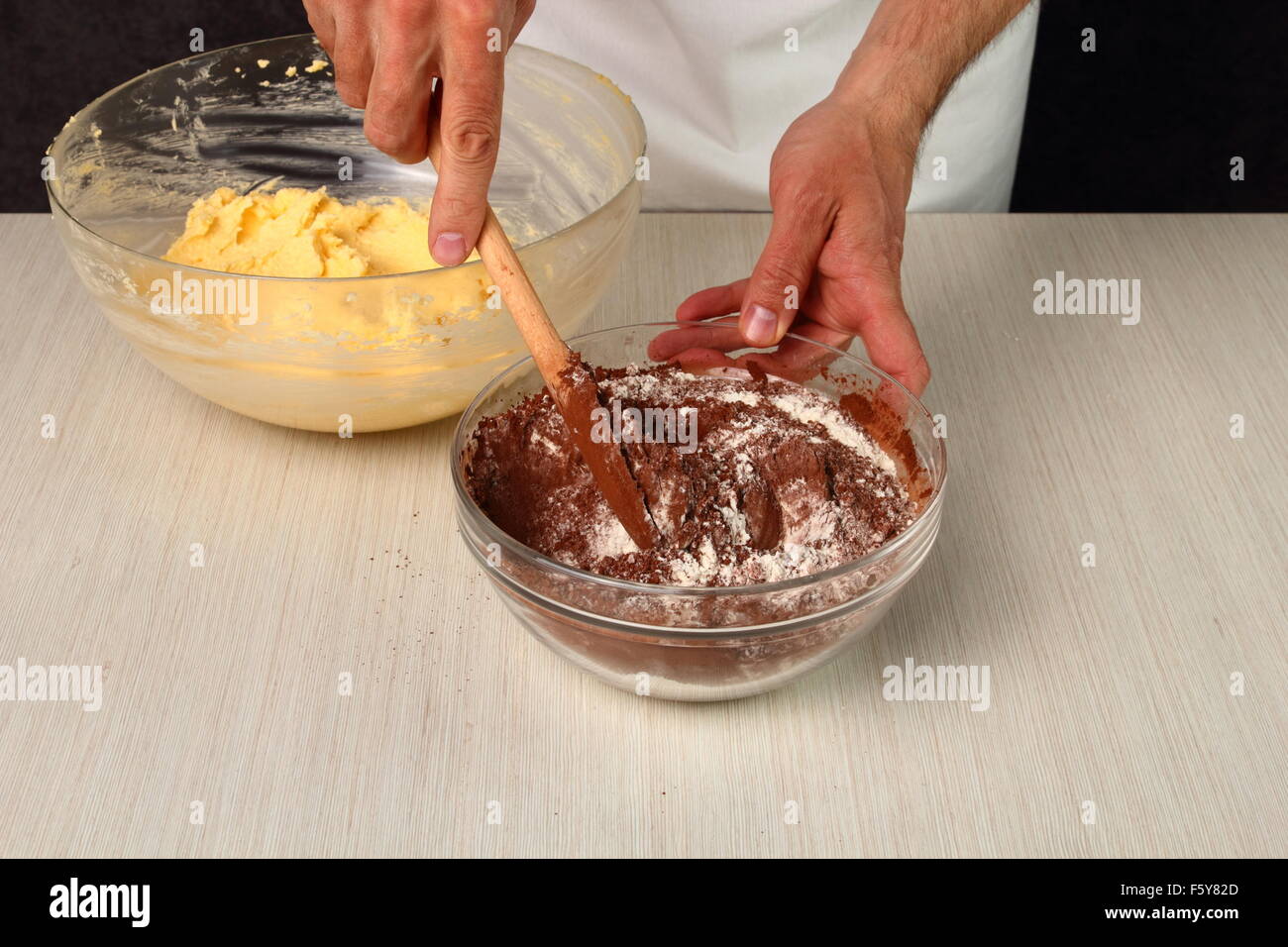 Add Cocoa Powder into Flour and Mixing. Making Chocolate Cookies Stock ...