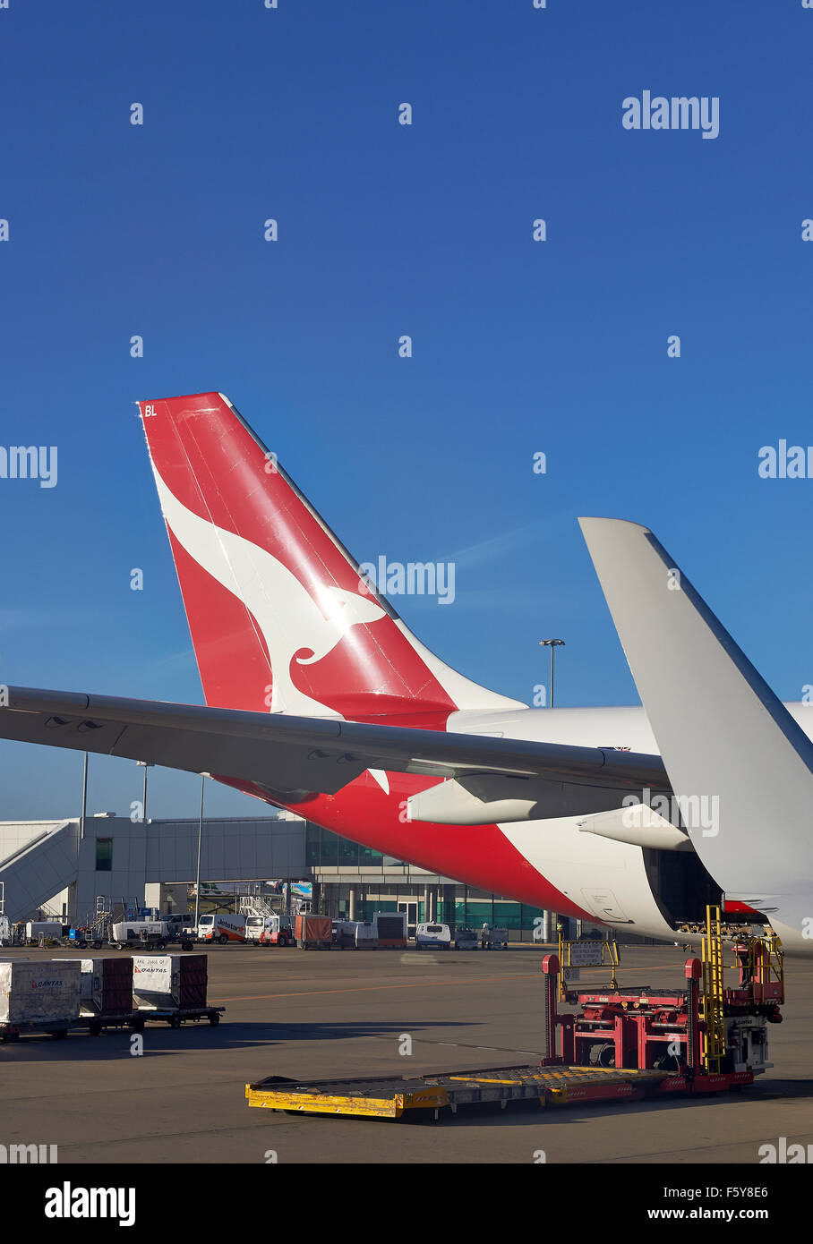 View of a Qantas Boeing 737-800 tail with the flying kangaroo logo and ...