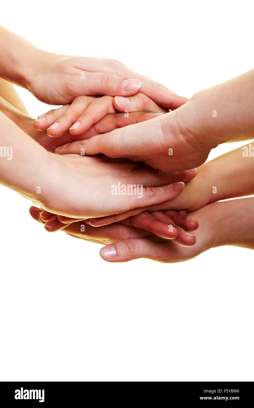 Many hands lying on top of each other Stock Photo - Alamy