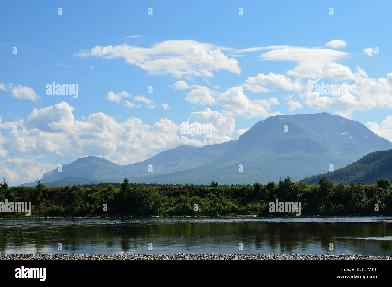 beautiful summer river landscape with sunshine, blue sky and mighty ...