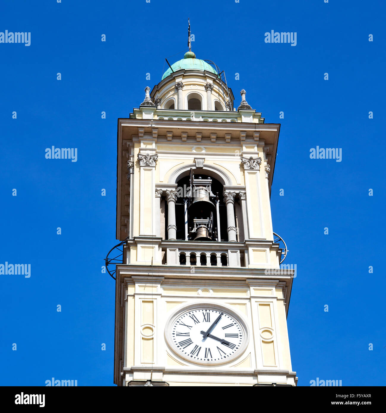ancien clock tower in italy europe old stone and bell Stock Photo - Alamy