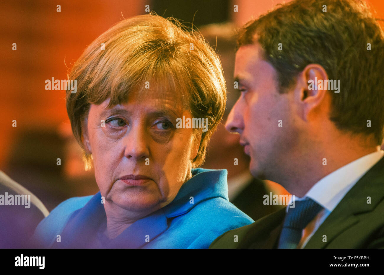 German Chancellor Angela Merkel (CDU, L), talks to the chairman of the ...