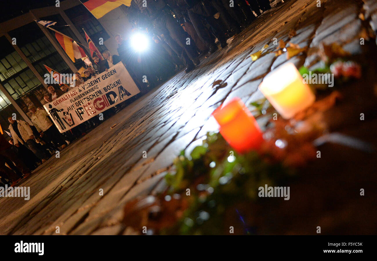 Dresden, Germany. 09th Nov, 2015. Candles burn during the anniversary ...