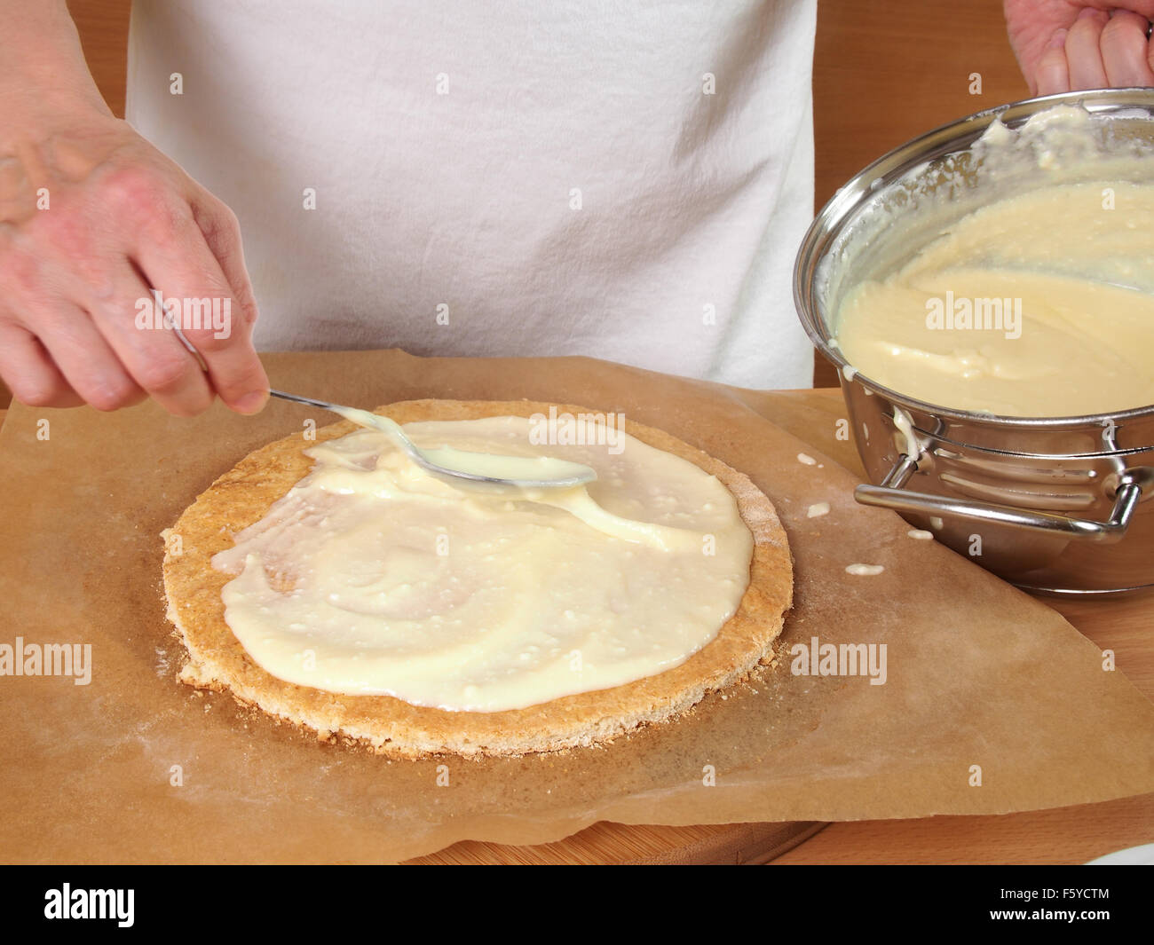 Filling cake layers. Making Chocolate Layer Cake with Cream Cheese ...