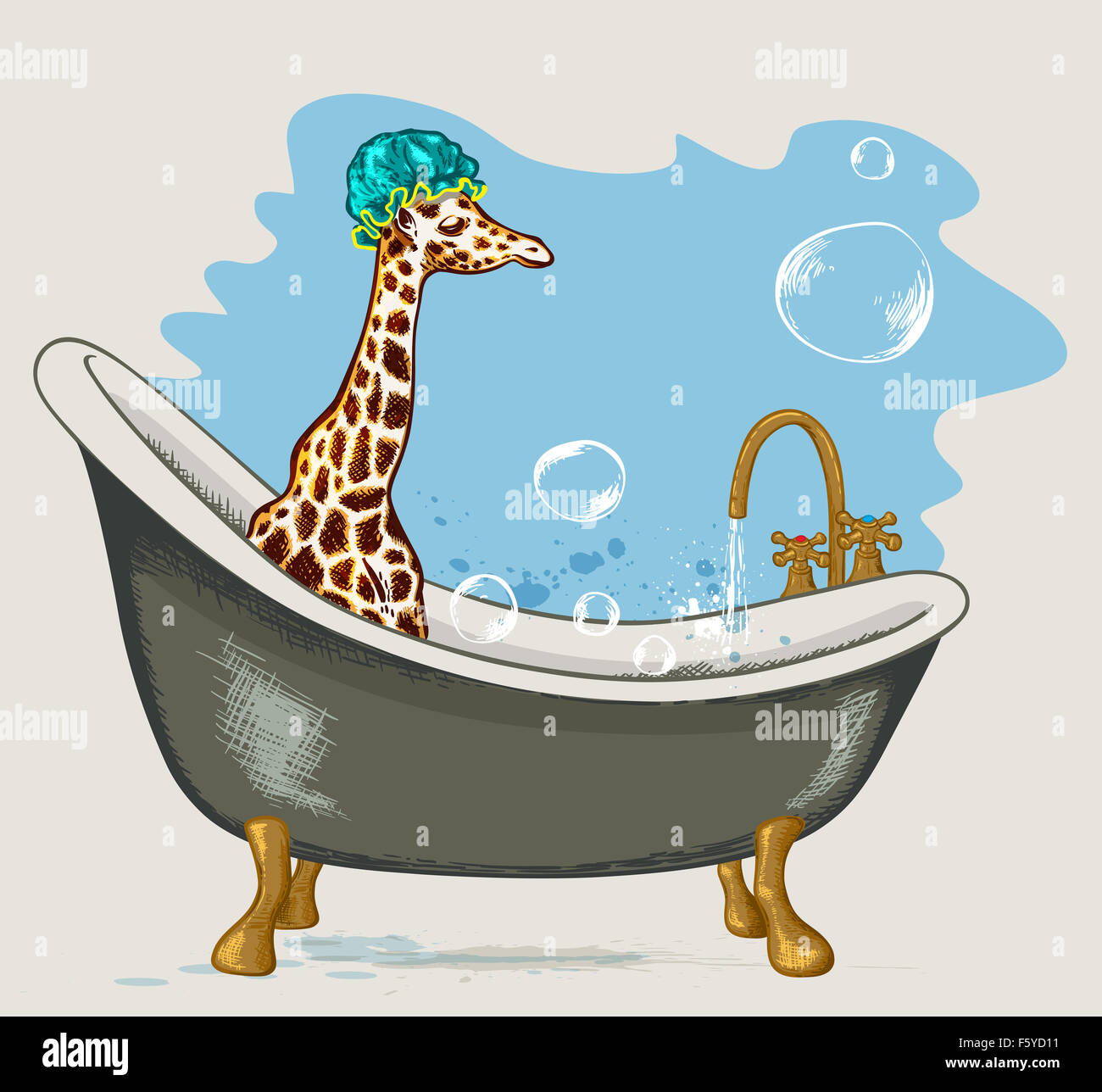Giraffe sitting in the bathroom with soap bubbles on a blue background ...