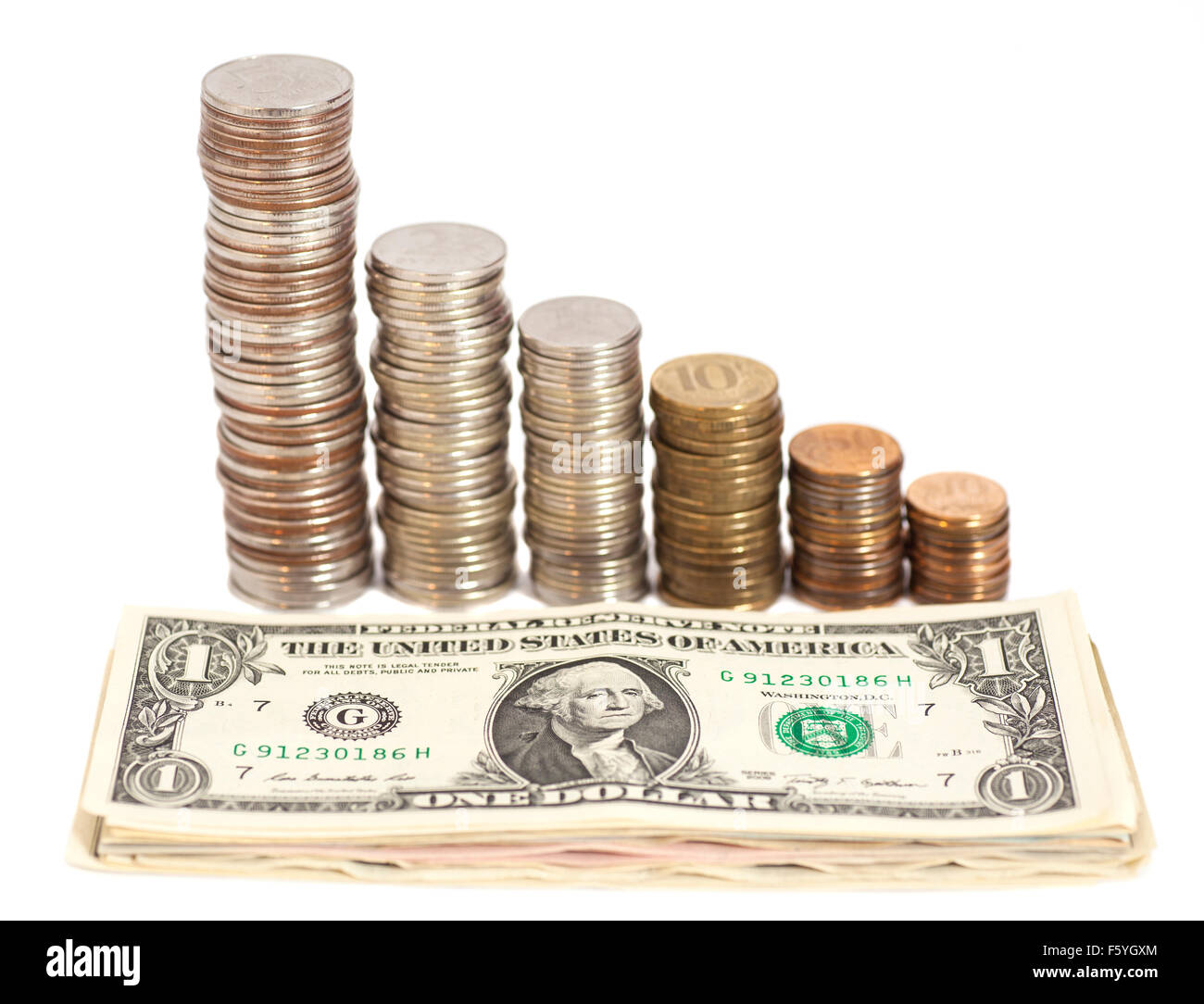 coins arranged as a graph and dollar banknotes isolated Stock Photo - Alamy