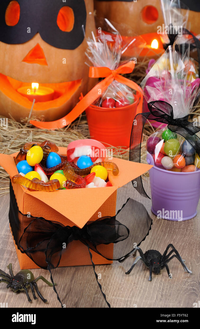 box filled with a variety of sweets on the table for Halloween Stock ...