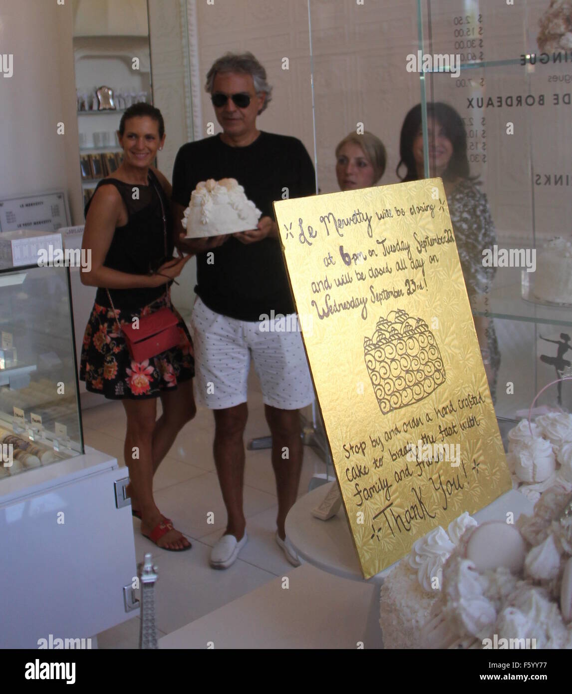Andrea Bocelli picks up his 57th birthday cake at Il Pastaio with his ...
