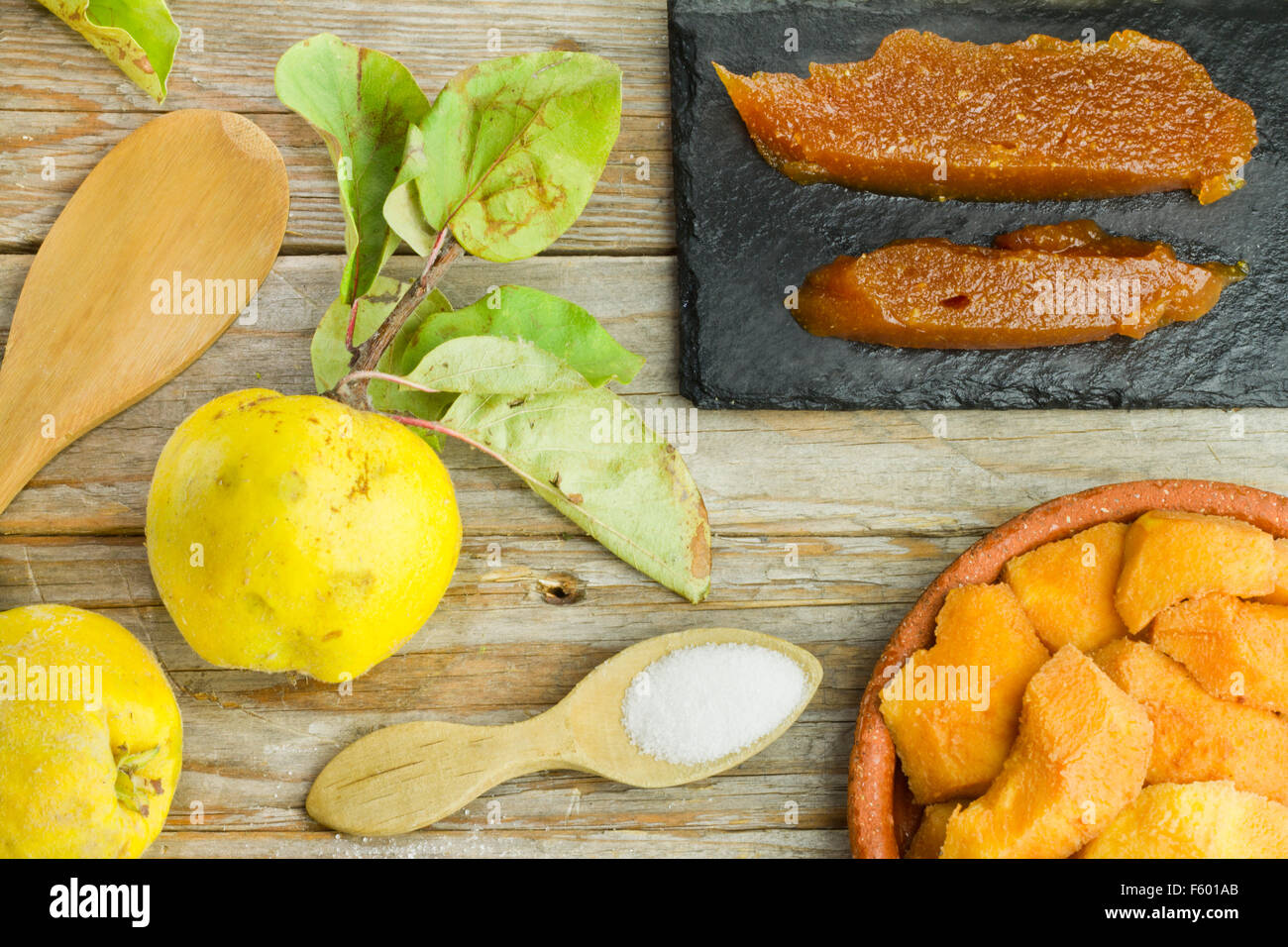 Spanish quince paste with ingredients recipe with ingredients on wooden ...