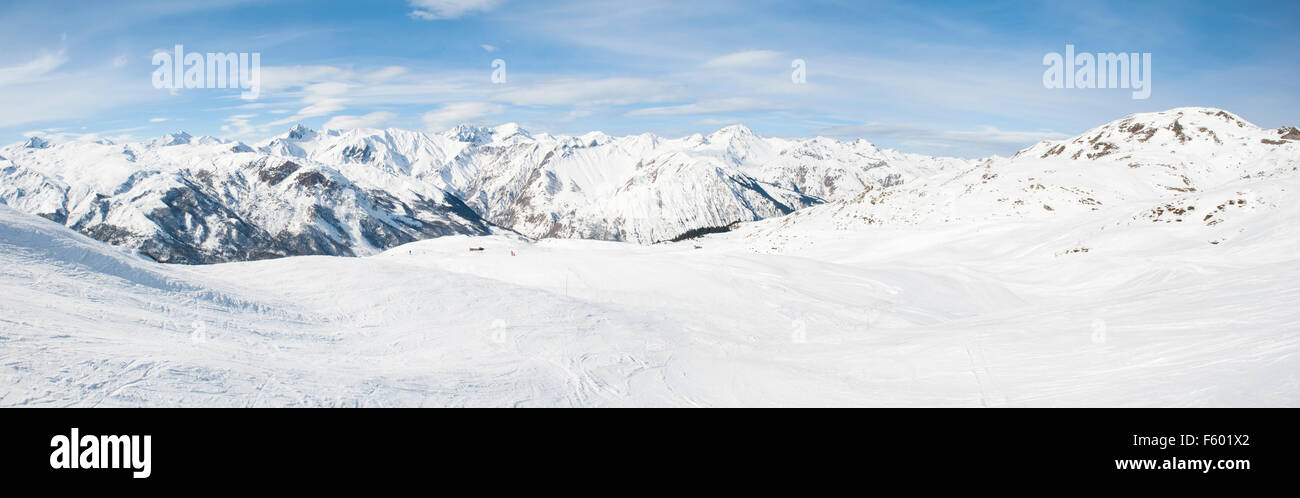 Panoramic view down a snowy mountain range valley in winter Stock Photo ...