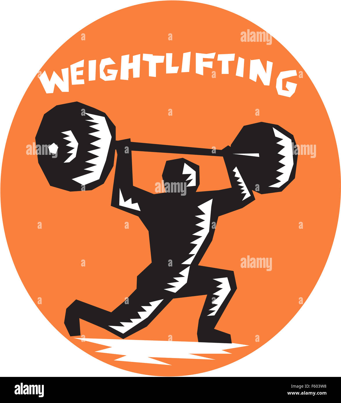 Illustration of a weightlifter lifting weights set inside oval shape ...