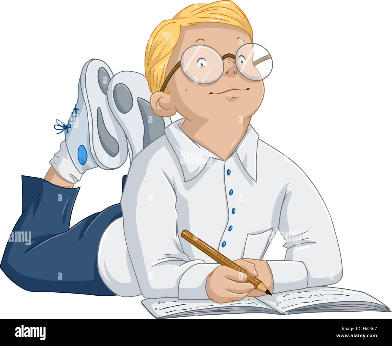 Vector illustration of a smart blond boy writing in a notebook Stock ...
